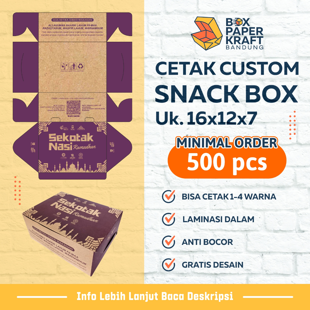 Jual Cetak custom Dus Snack Box 16x12x7 Kraft 290gsm 1Warna Kotak Kue ...