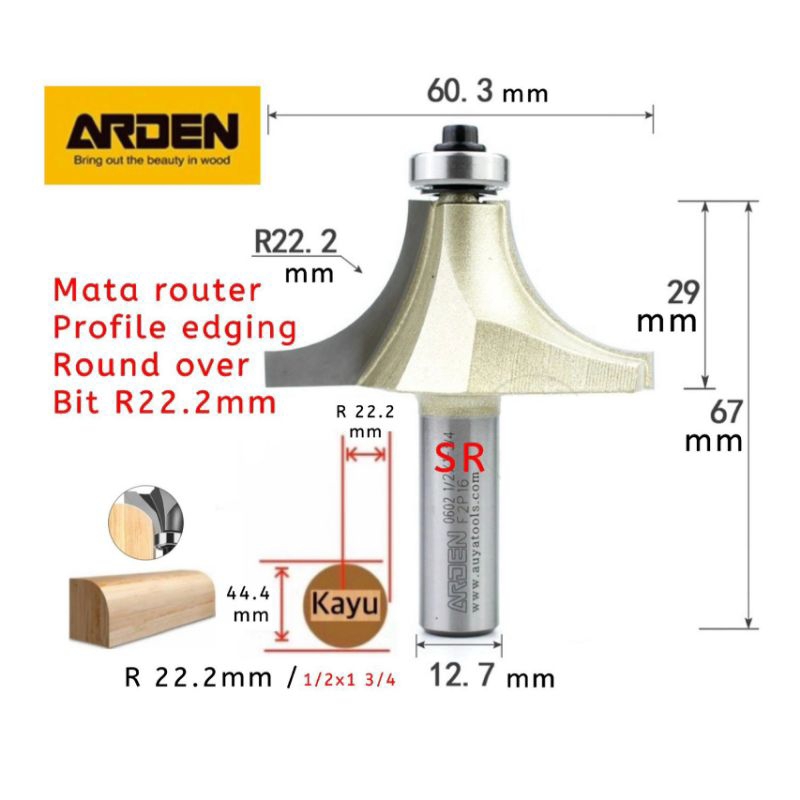 Jual Mata Profil/ Router Round Over Bits 22mm (1/2 × 1- 3/4) As 1/2 ...
