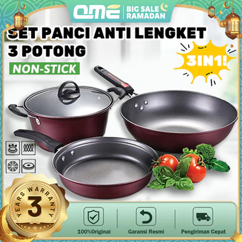 Jual QME Panci Wajan Teflon Set Panci Teflon Penggorengan Set 3 Pcs Pans Pots | Shopee Indonesia