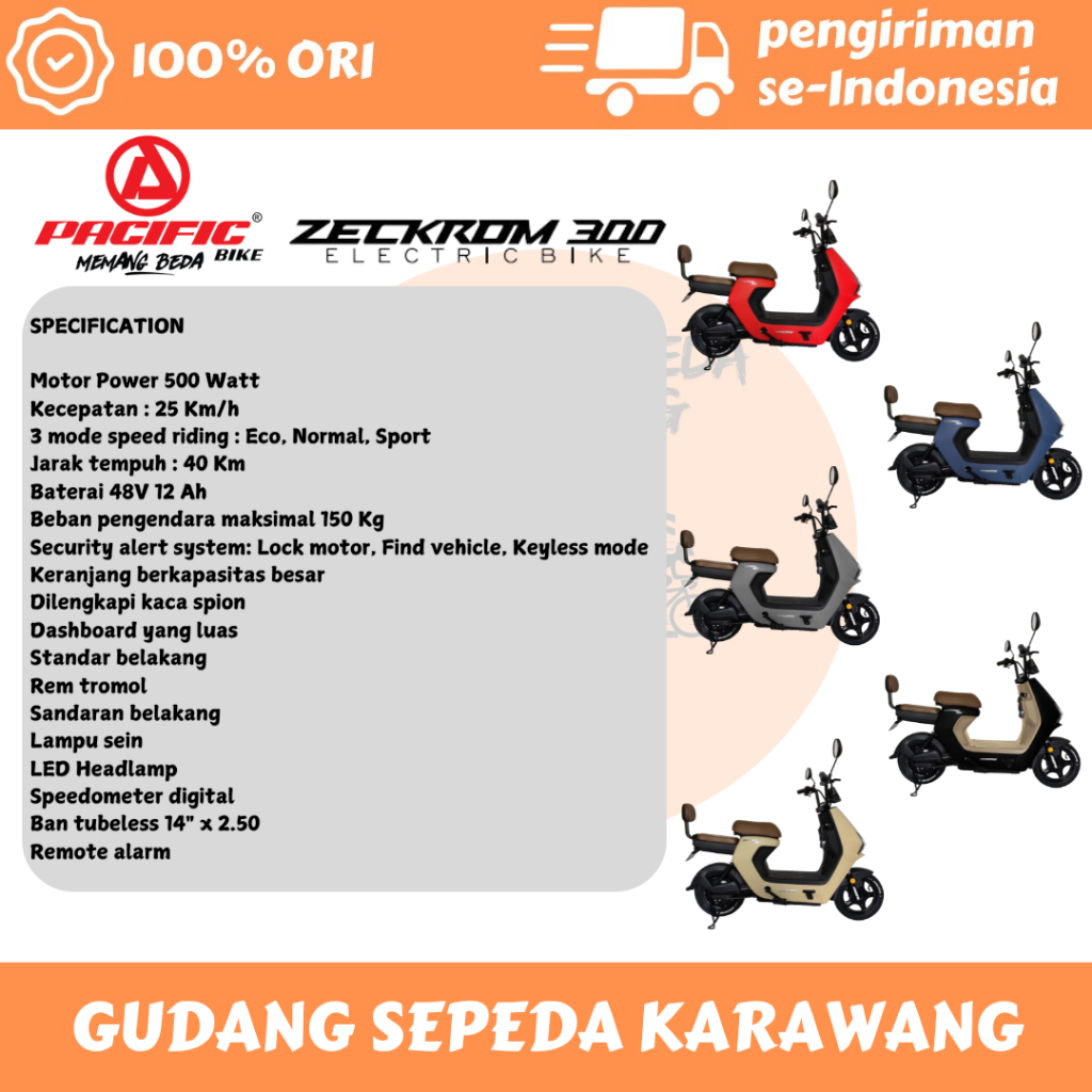 Jual SEPEDA LISTRIK PACIFIC ZECKROM 300 500WATT 48VOLT 12AH | Shopee Indonesia