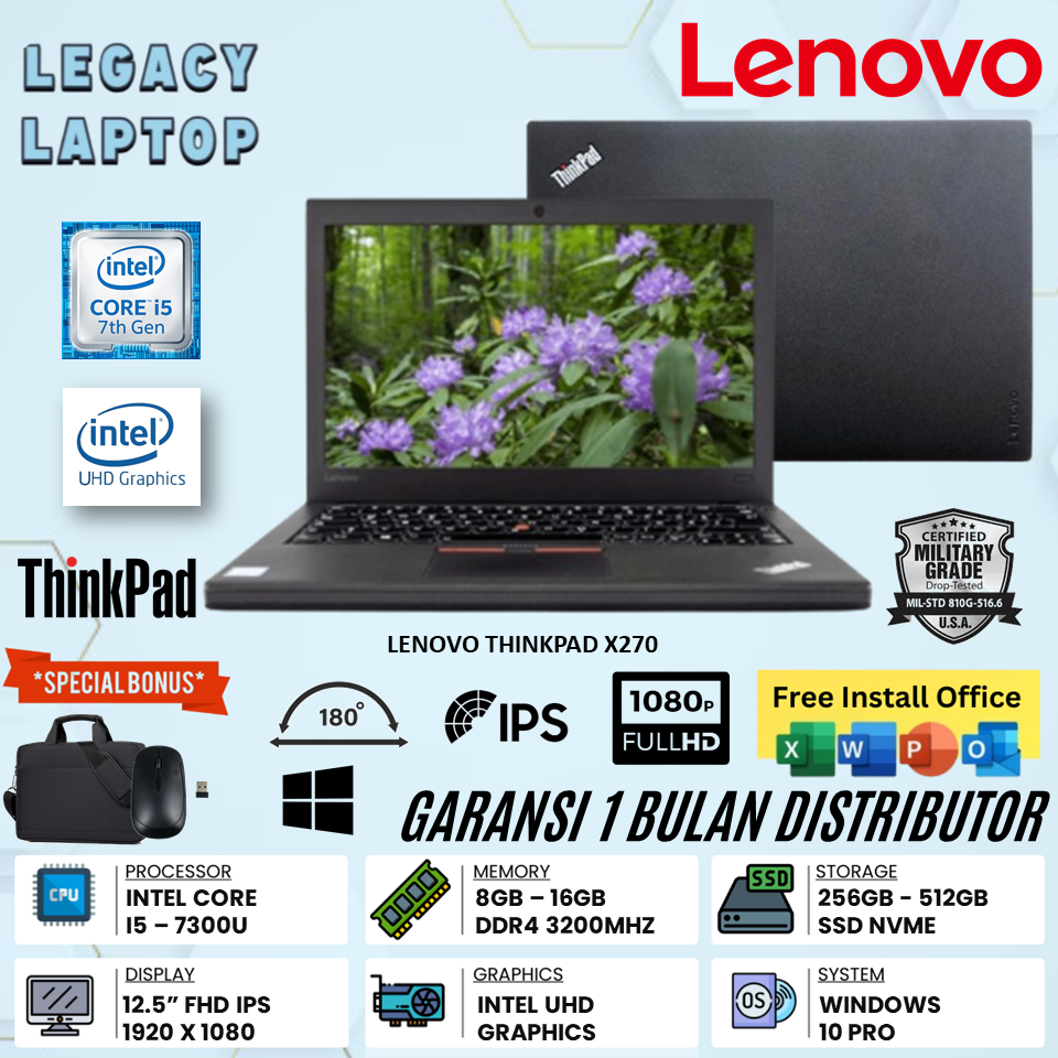 Jual Laptop Lenovo Thinkpad X270 Intel Core i5 7300U Ram 16GB 512GB Ssd FHD Windows 10 Original ...
