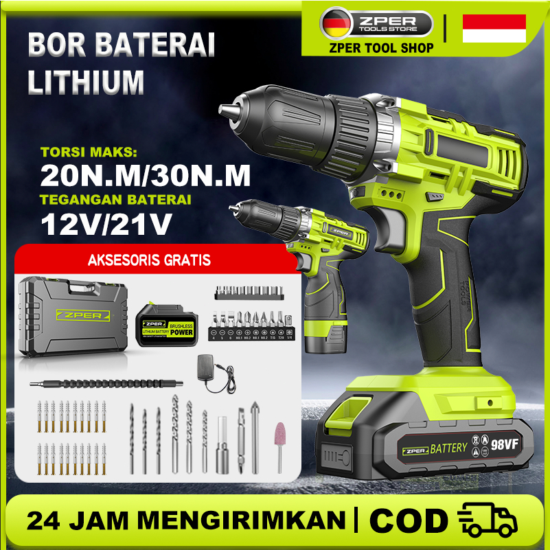 Jual ZPER 12V/21V Bor Listrik Mesin Bor Baterai Tangan Cordless Drill ...