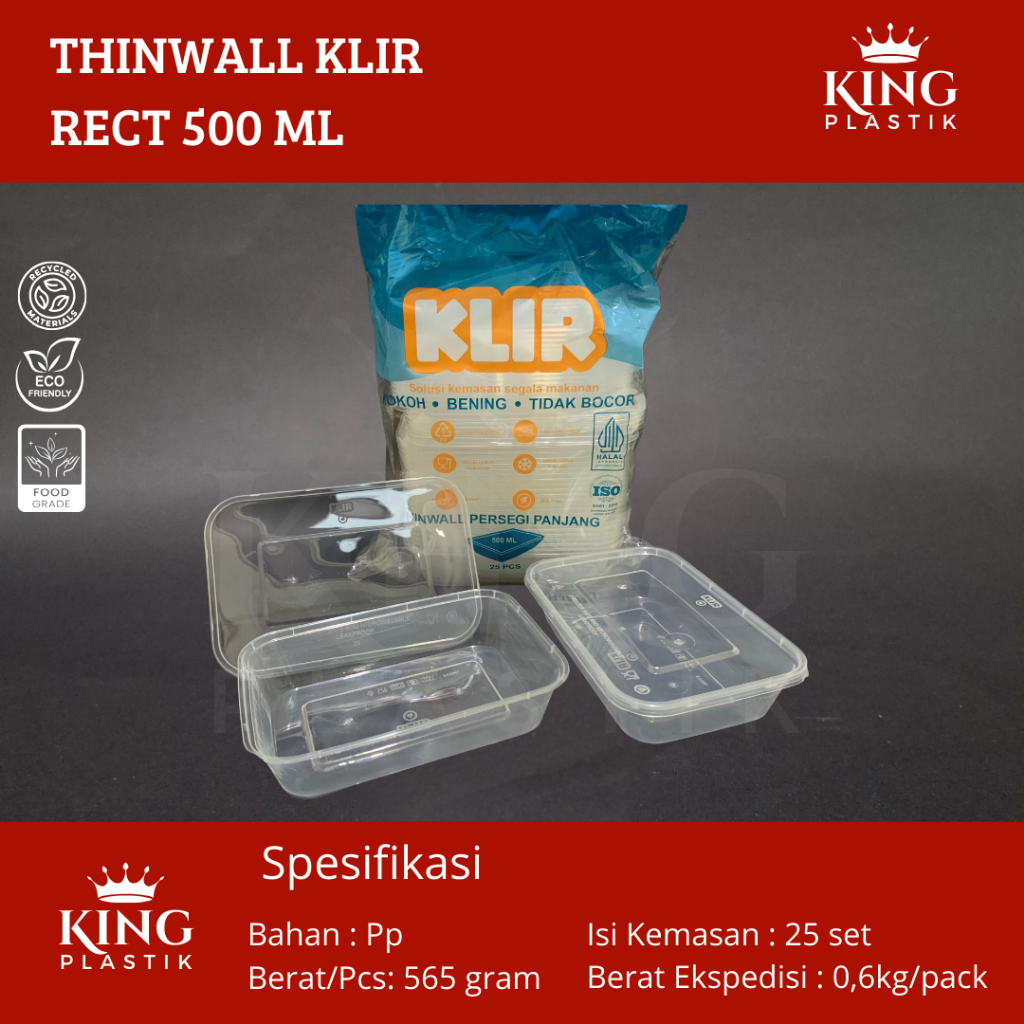 Jual Thinwall Klir 500ml Rectangle | Kotak Makan Plastik 500ml KLIR RECTANGLE REC @25set ...