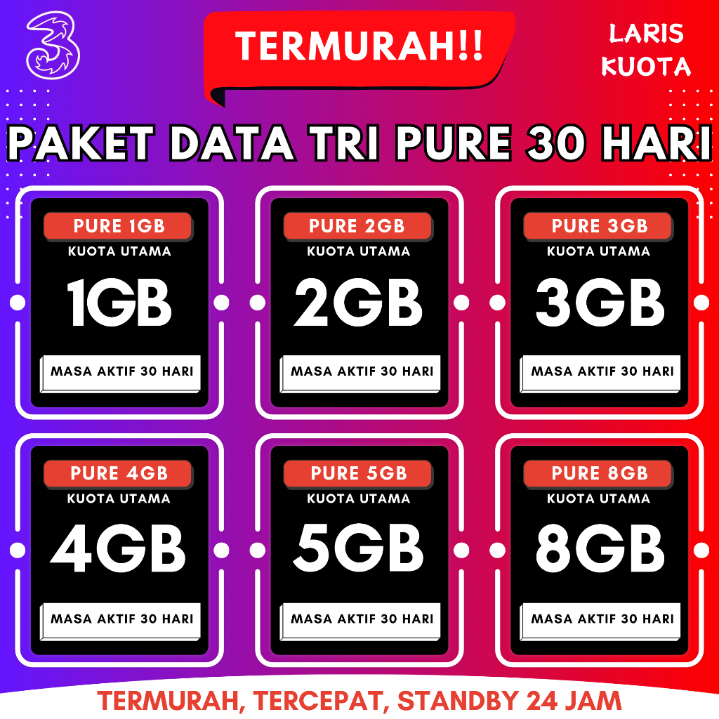 Jual Paket Data Kuota Tri 3 Pure Bulanan 30 Hari Termurah Kualitas ...
