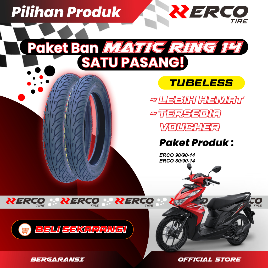 Jual ERCO TIRE Satu Set Ban Motor Matic ERCO Tubeless NonTubeless, 90/90-14 dan 80/90-14 ...