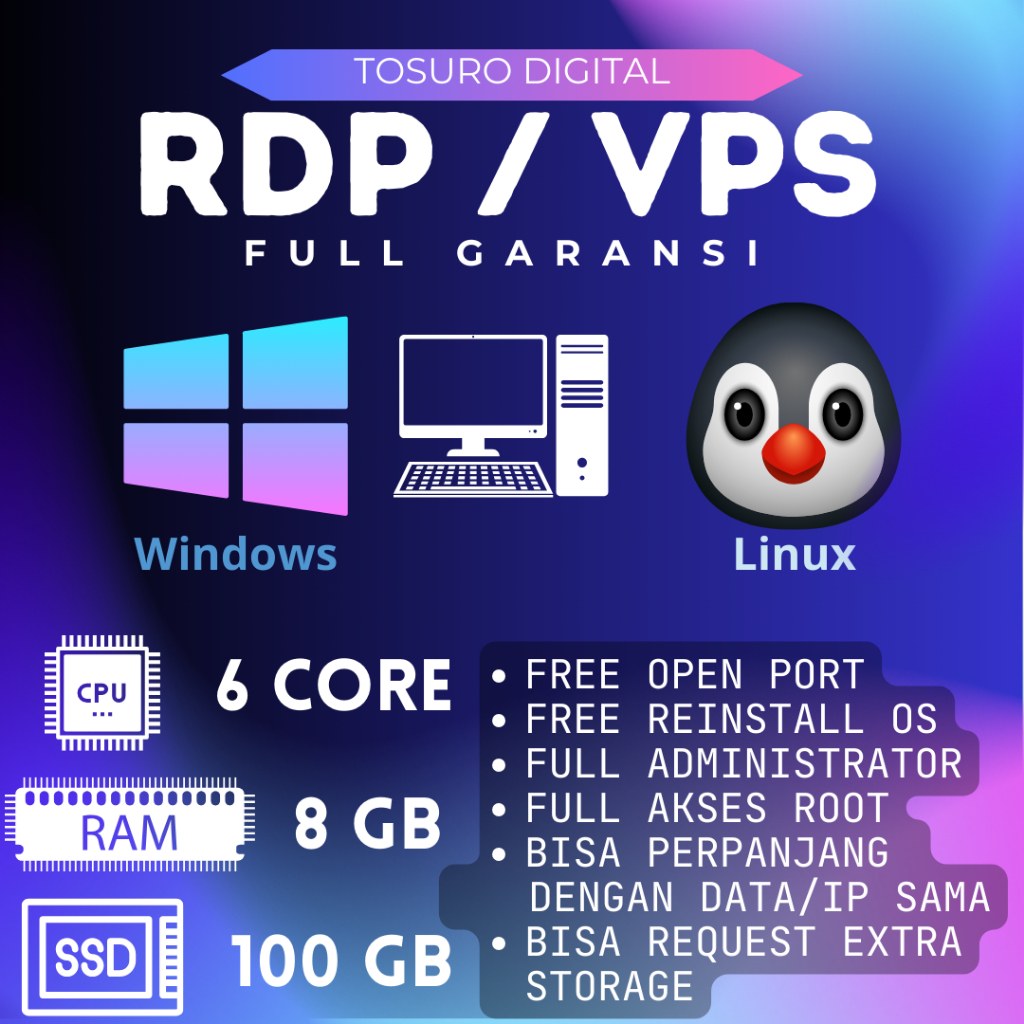 Jual RDP VPS 6 CORE 8 GB CPU 100% ANTI SUSPEND BISA DIPERPANJANG | Shopee Indonesia