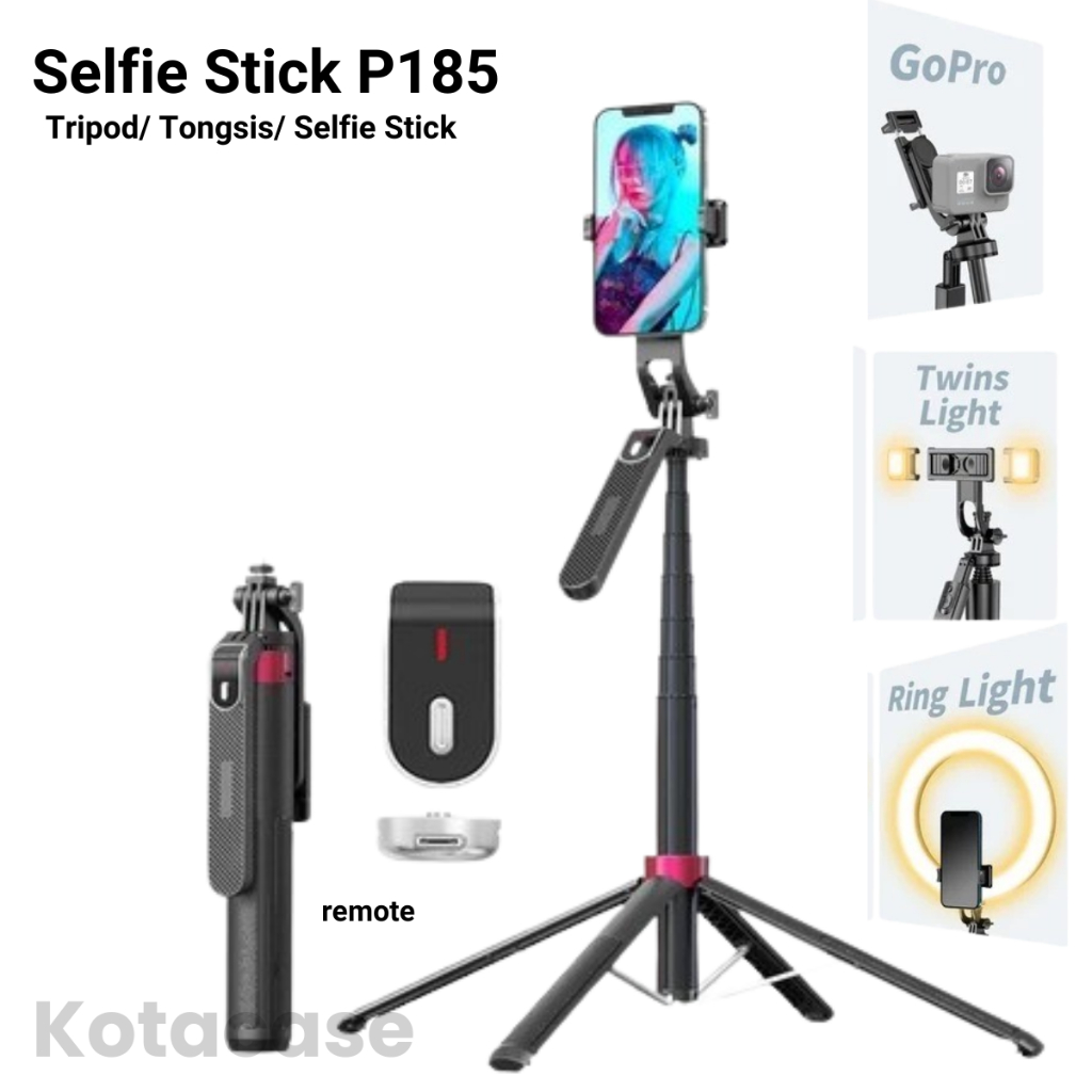 Jual SELFIE STICK 1.8M P185 + 2 Lampu Tripod Quadpod Tongsis Bluetooth Selfie Stick Remote HP ...