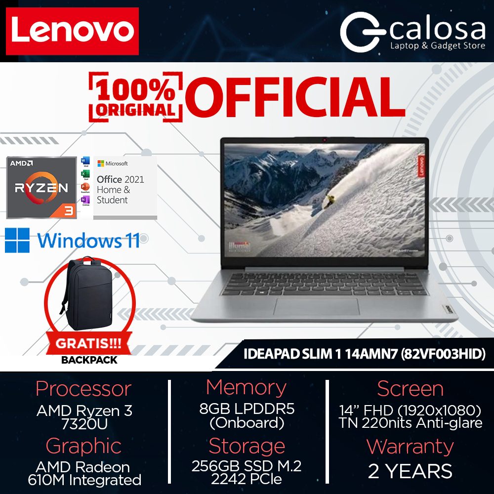 Jual Lenovo IdeaPad Slim 1 14AMN7 (82VF003HID) AMD Ryzen 3-7320U 8GB RAM 256GB SSD 14″ FHD ...