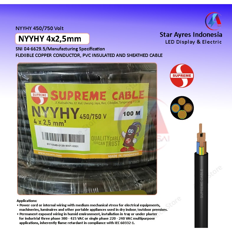 Jual KABEL NYYHY / NYMHY 4x2,5 MM SUPREME / KABEL SERABUT NYYHY 4X2,5mm | Shopee Indonesia