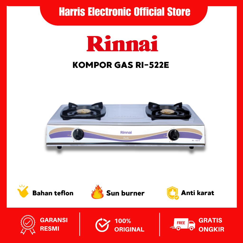 Jual (COD) Rinnai Kompor Gas 2 Tungku RI-522 E Bahan Stainless Garansi ...