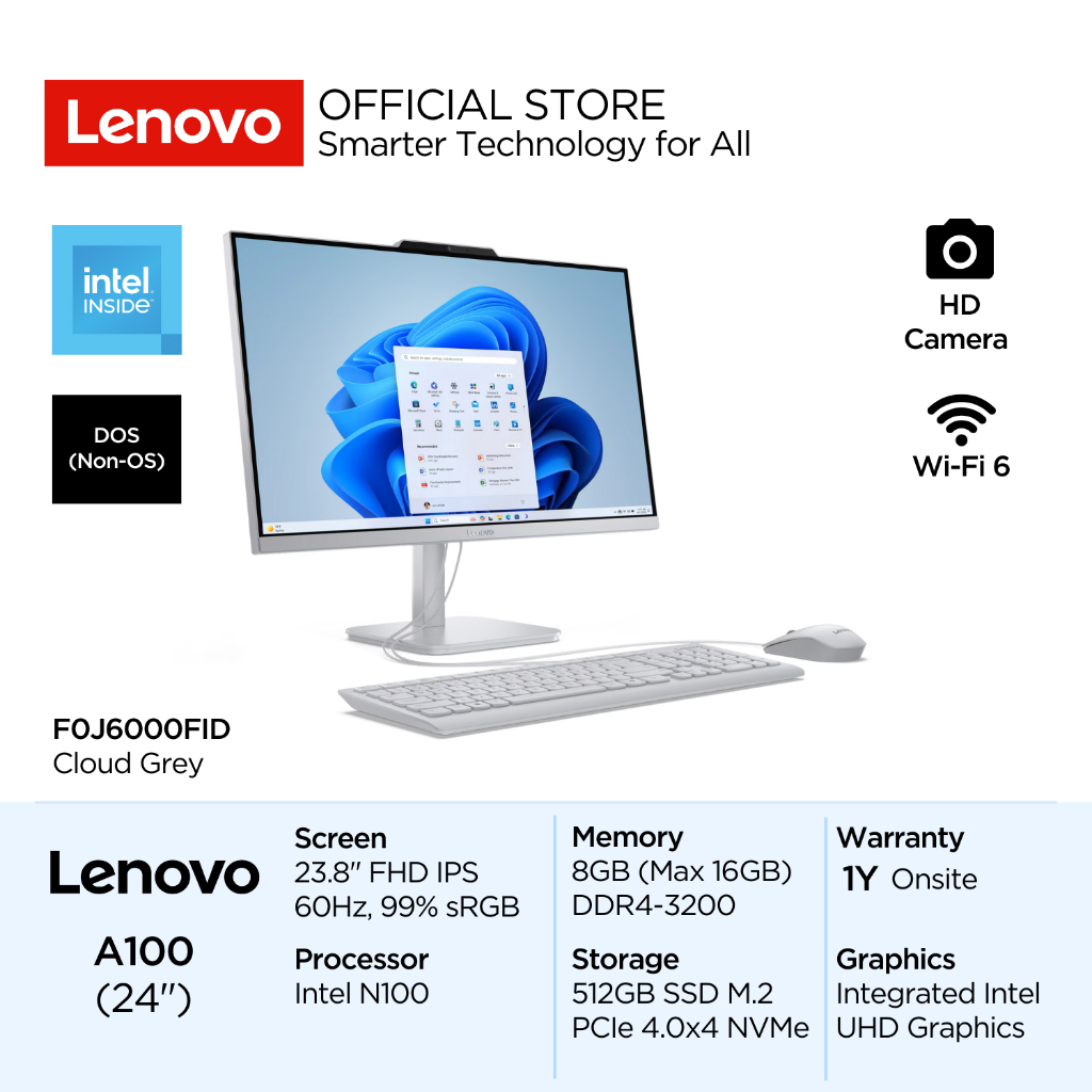 Jual Lenovo PC AIO A100 0FID Intel N100 DOS 8GB 512GB SSD 23.8" FHD IPS ...