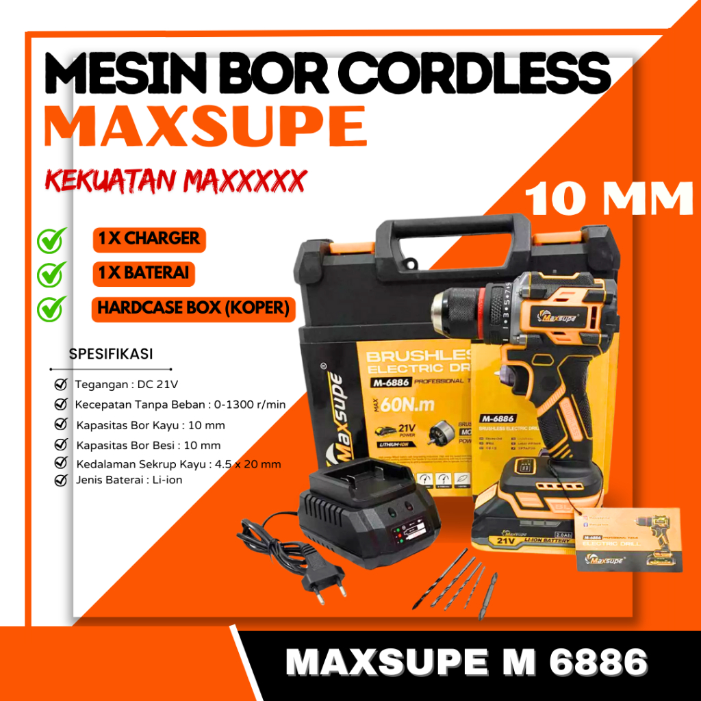 Jual MESIN BOR CORDLESS 10 MM MAXSUPE 20V M 6886 Bor Baterai 20V Chuk ...