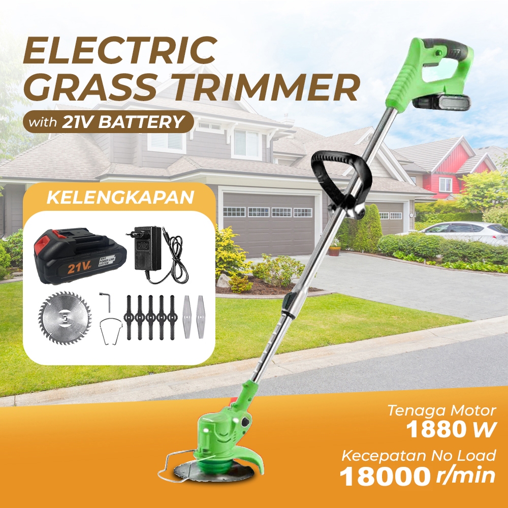 Jual Mesin Pemotong Rumput Taman Grass Cutter Battery 21V Hijau HA-1821 ...
