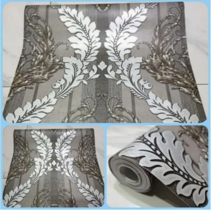 Jual Wallpaper Sticker Dinding Motif Batik Daun Padi Putih Dasar Abu Bahan Kertas PVC Full Lem ...