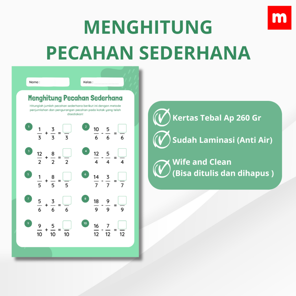 Jual POSTER WORKSHEET " MENGHITUNG PECAHAN SEDERHANA " | Shopee Indonesia