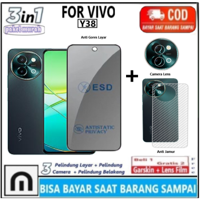 Jual Paket 3in1 Tempered Glass Anti Spy Vivo Y38 Anti Gores Privacy Full Layar Anti Intip Anti ...