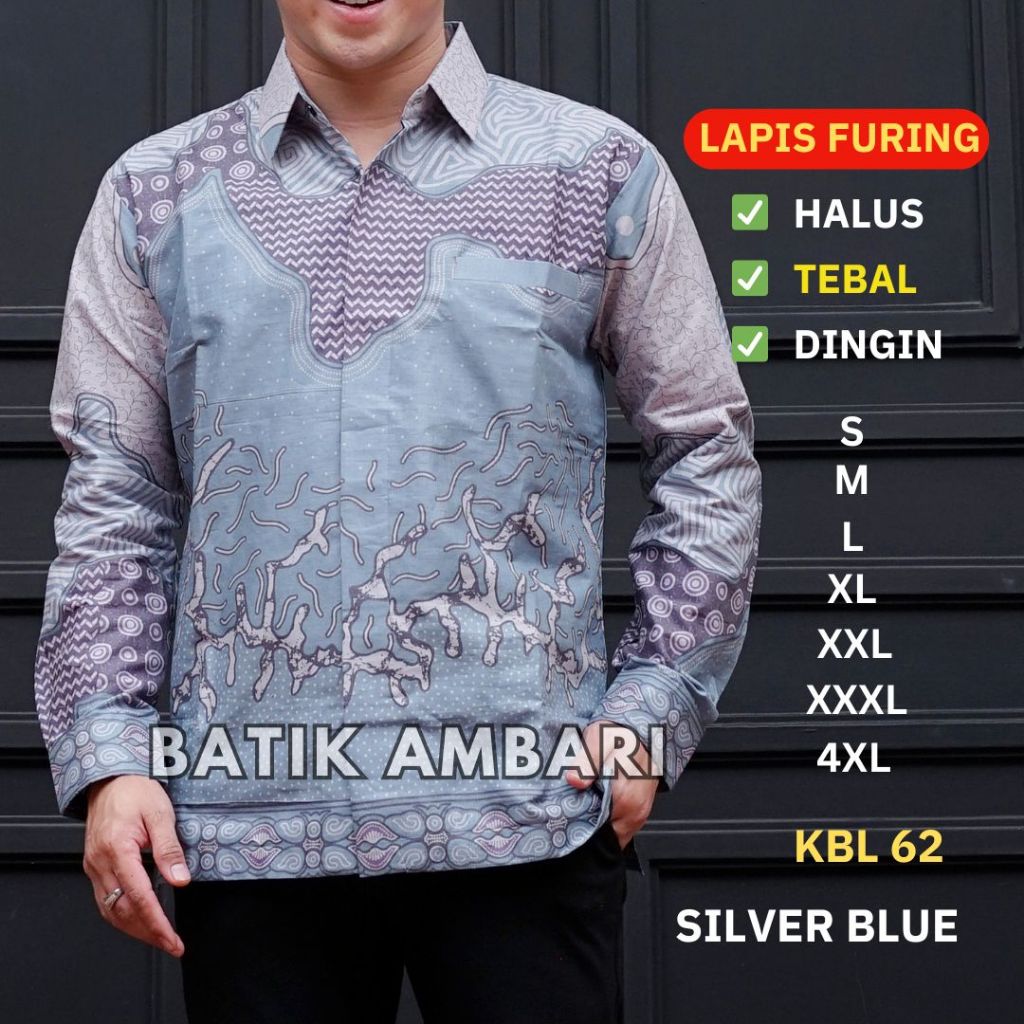 Jual Batik Pria Lapis FURING Standar JUMBO Kemeja Batik Lengan Panjang XXXL 4XL Silver Biru KBL ...