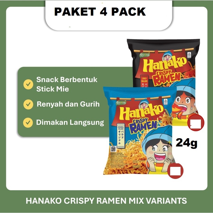 Jual PAKET 4 PACK SNACK MIE HANAKO CRISPY RAMEN ORIGINAL SPICY BALADO ...