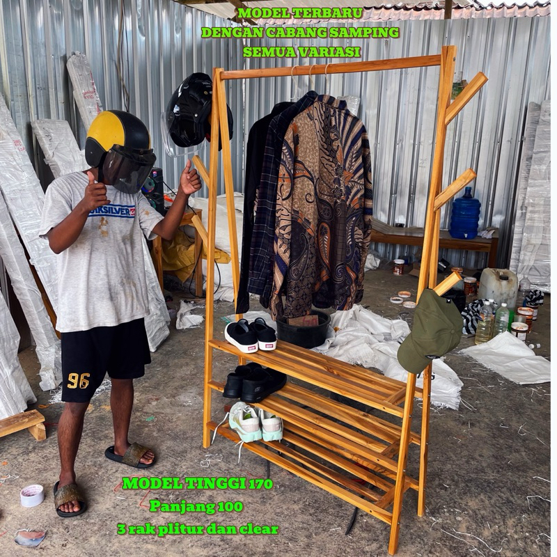 Jual STAND HANGER KAYU GANTUNGAN BAJU KAYU DENGAN RAK SERBAGUNA UKURAN ...