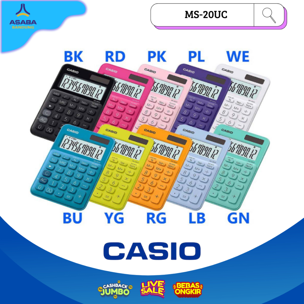 Jual Asaba Bandung - Casio Calculator MS-20UC - Kalkulator Kantor - Seri Colorful - 12 digit ...