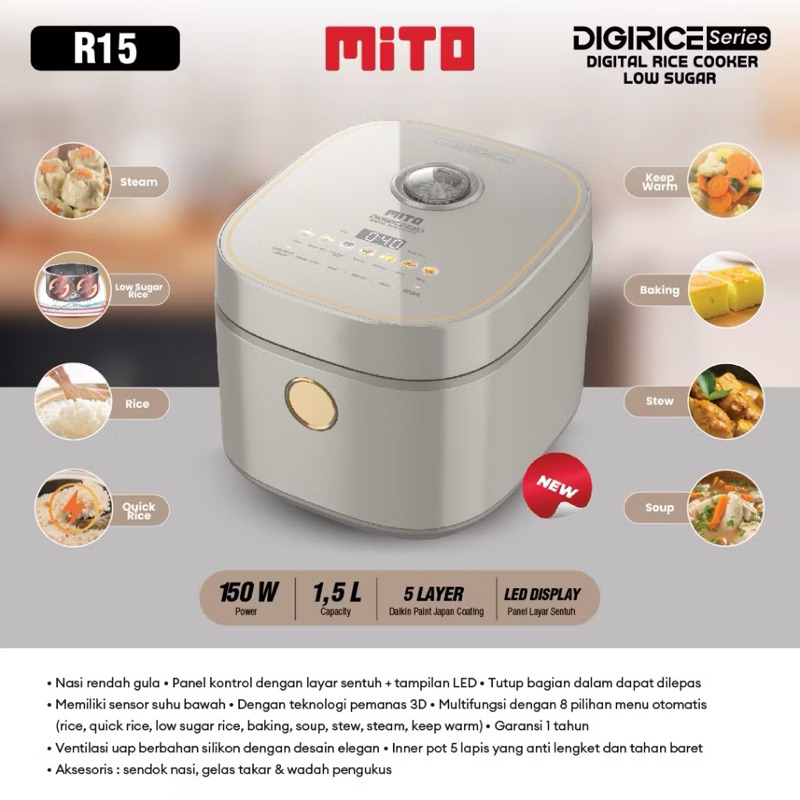 Jual MITO Digital Rice Cooker 1.5 Liter R15 - Rice Cooker Low Sugar ...