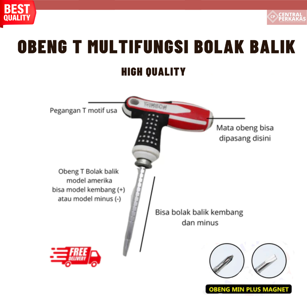 Jual Obeng T bolak balik 3 in 1 / obeng magnet / obeng gagang karet ...