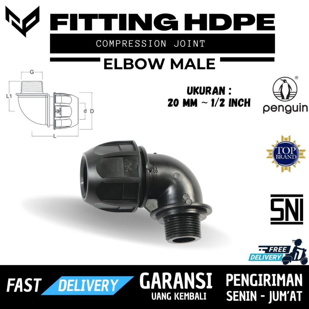 Jual Elbow Male Thread Compression Joint 20mm ~ 1/2" Inch HDPE | Shopee Indonesia