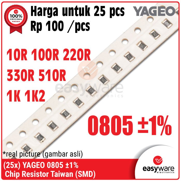 Jual 25pcs YAGEO Resistor Taiwan YAGEO 0805 SMD SMT 1% 10R 100R 220R ...