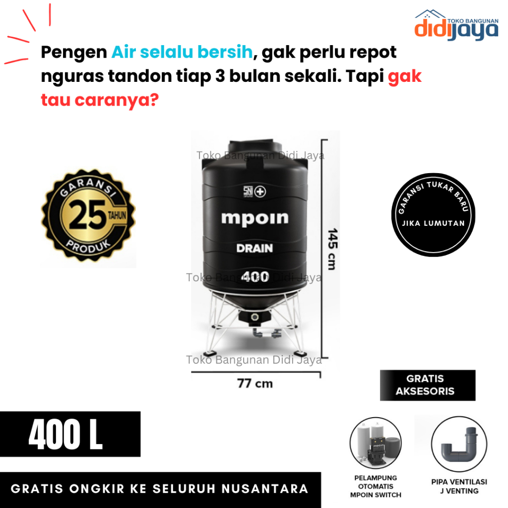 Jual Toren Tandon MPOIN Drain 400 Kapasitas 350 Liter Anti Bakteri ...