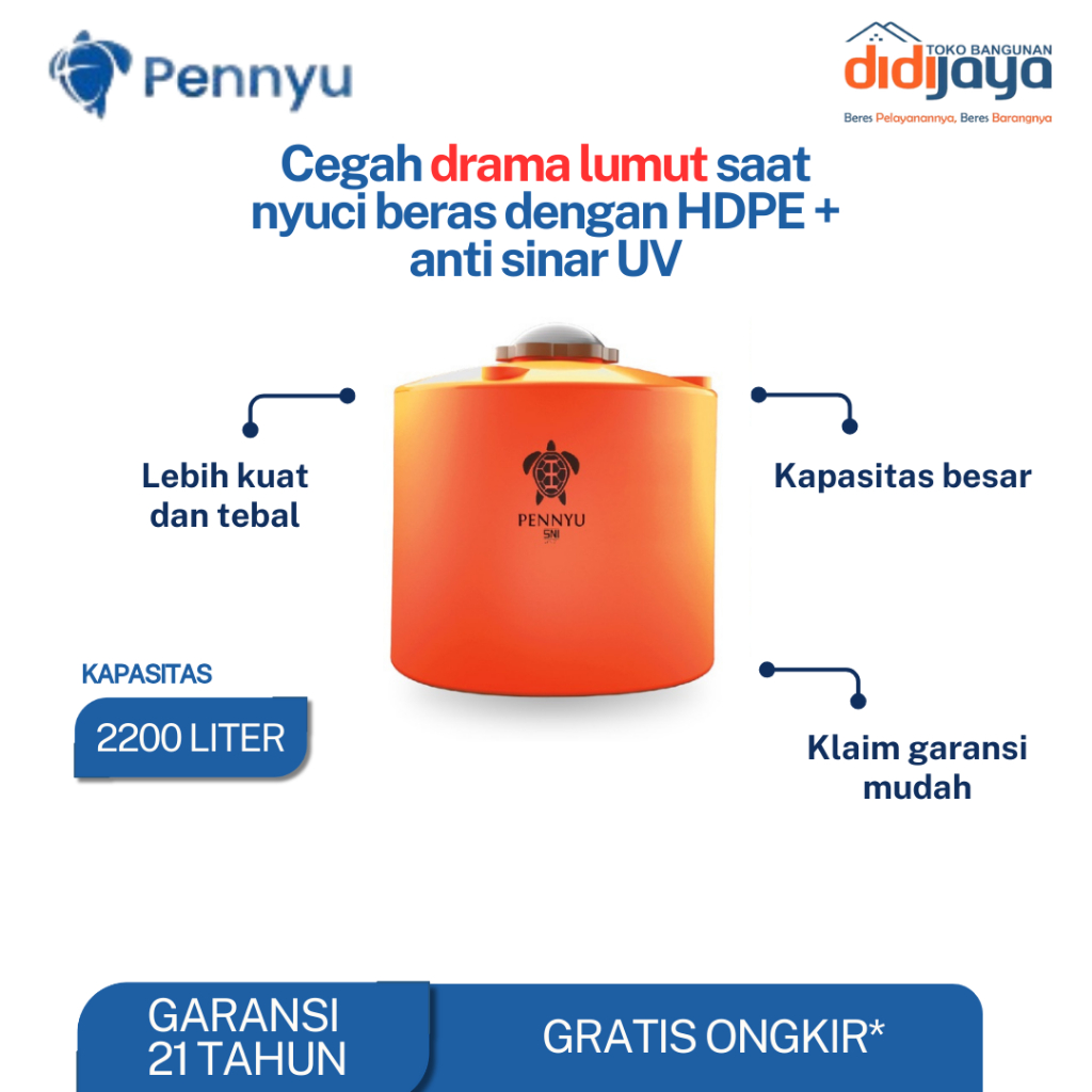 Jual Tandon Air Tangki Toren Air Pennyu Water Kapasitas Tank 2200 Liter ...