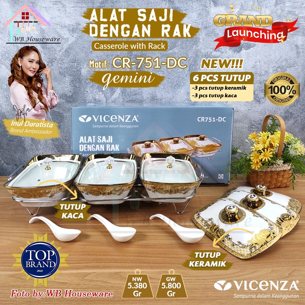 Jual VICENZA Prasmanan set segi isi 3 + tutup kaca dan keramik + rak ...