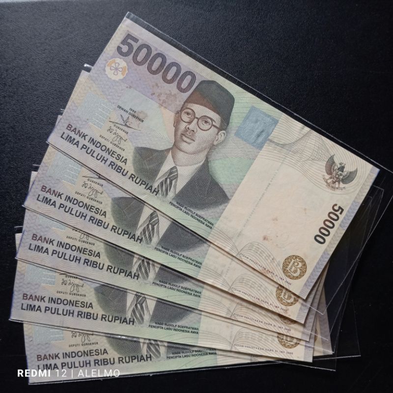 Jual 5 lembar no seri urut uang kertas kuno 50000 rupiah tahun 1999 imp 2005 seperti baru utuh ...
