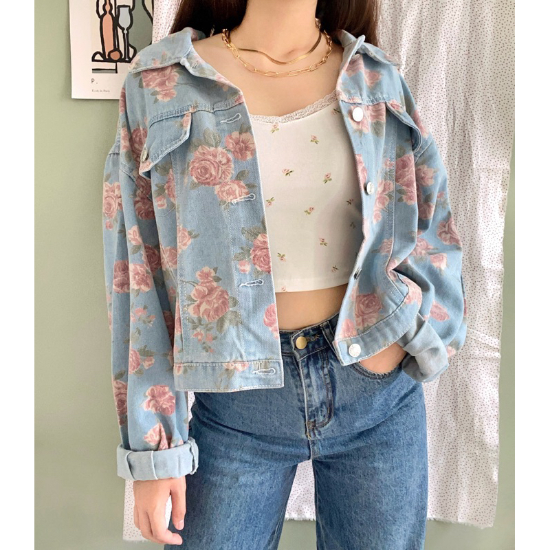 Jual Keely Daily - Mia Floral Oversized Denim Jacket outer jaket jeans ...