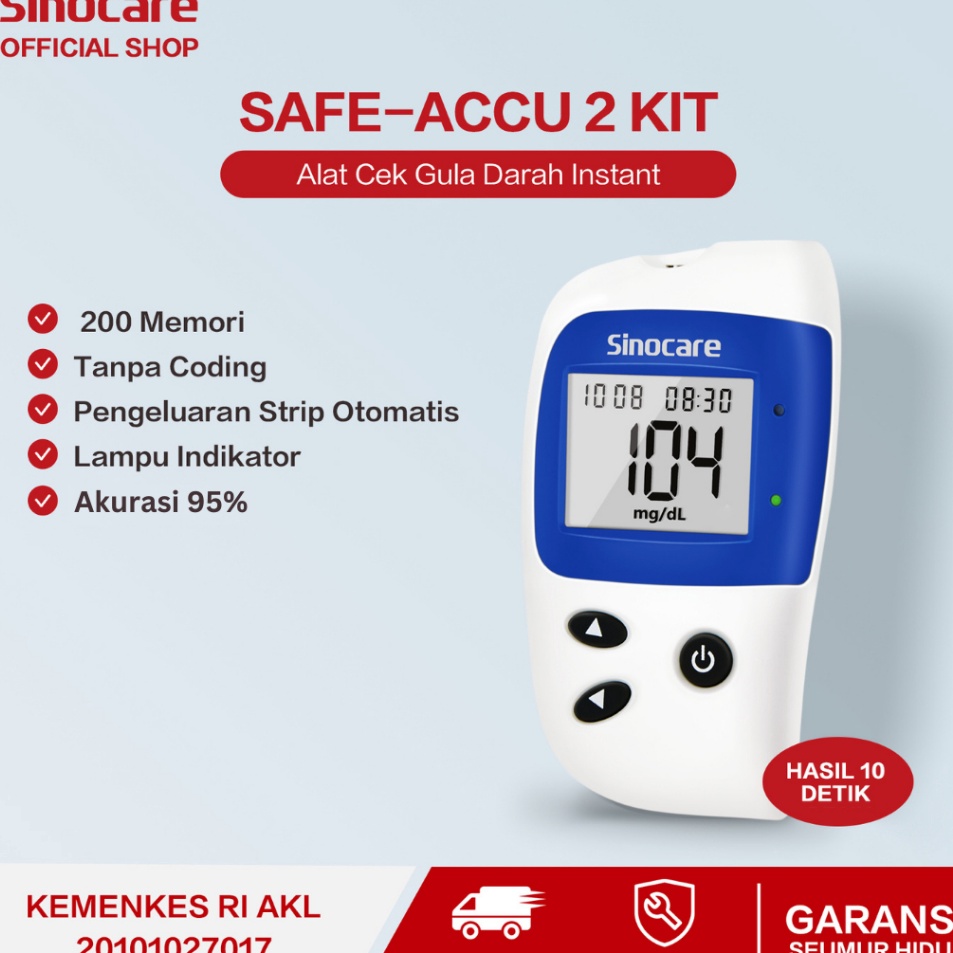 Jual Segera Cek Alat Ukur Cek Gula Darah Instant Sinocare SafeAccu2 95 ...
