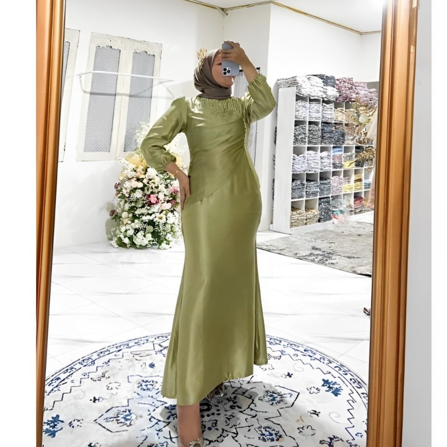 Jual Vina Dress Kondangan Viral Gamis Satin Payet Mutiara Mewah Gaun ...