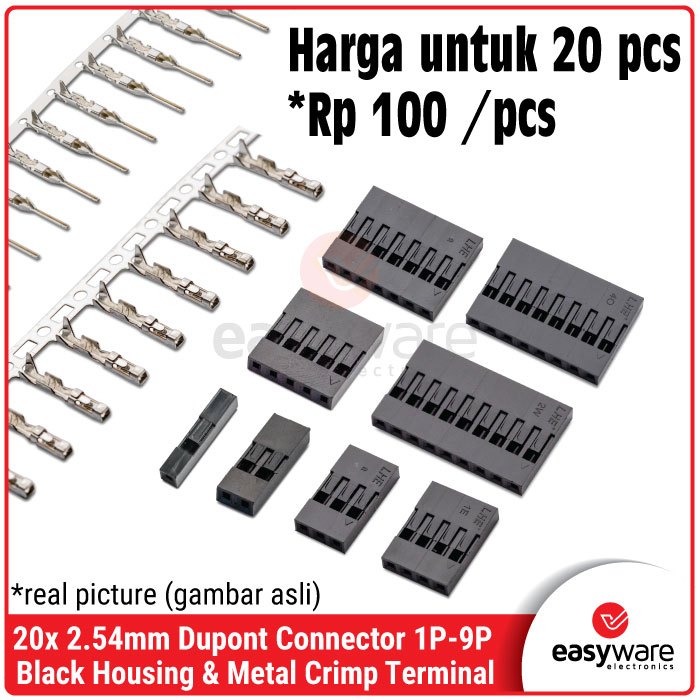 Jual 20x 2.54mm Dupont Connector Black Housing 1P 2P 3P 4P 5P 6P 7P 8P 9P Female Male Crimp ...