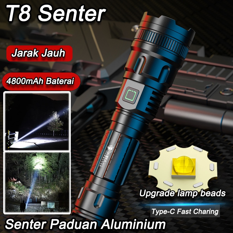 Jual YMJR Senter LED Super Terang Jarak Jauh Anti Air Senter T8 LED 90000 Lumens Original USB C ...