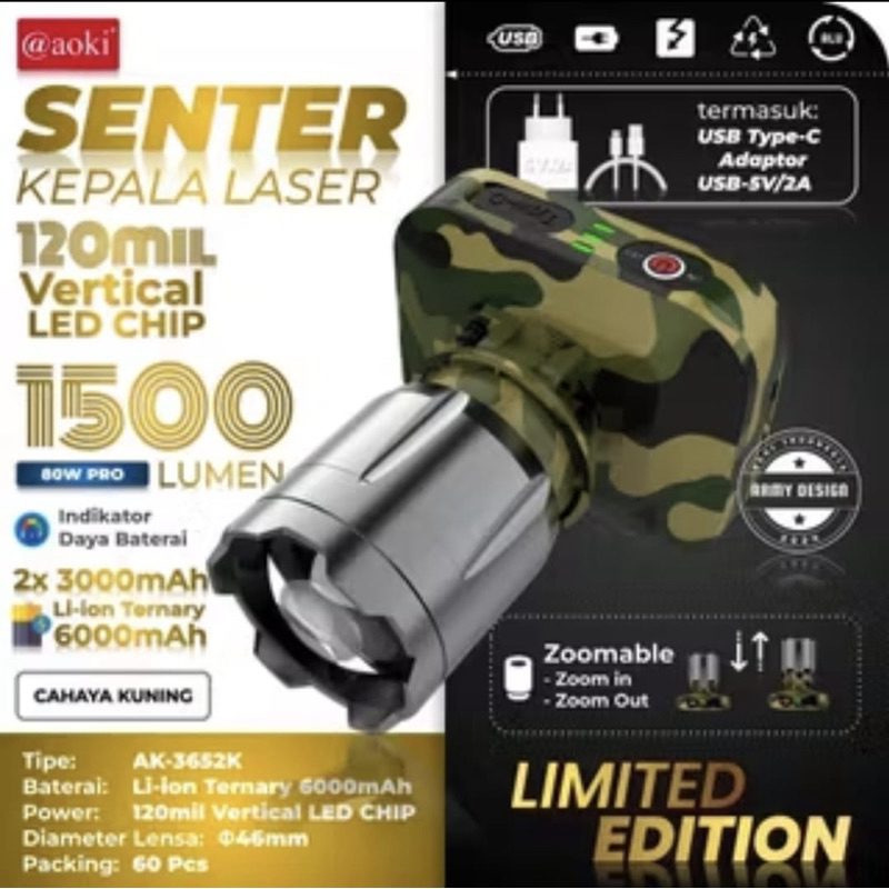 Jual Senter Kepala aoki Cahaya Maksimal Plus RechargePro USB-C, 80W 1300lumen 1500lumen ...