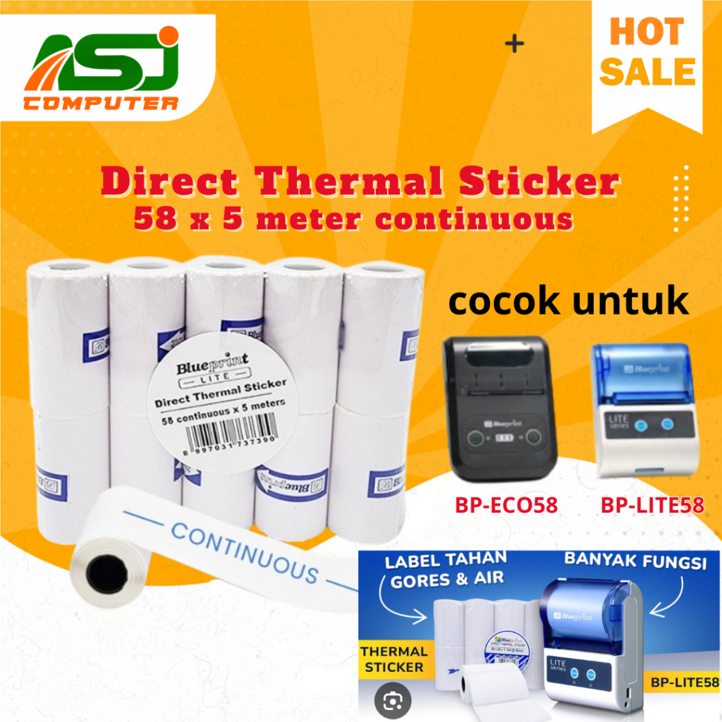 Jual Direct Thermal Sticker Label BLUEPRINT 58mm x 5 Meter Continuous 1 ...