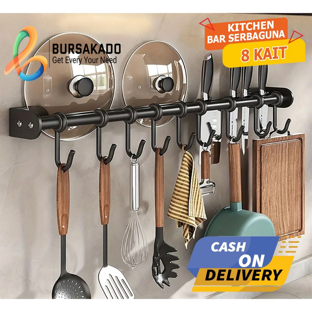 Jual Kitchen Bar Hitam Doff Rak Dapur Gantung Dinding Serbaguna 8 Kait ...