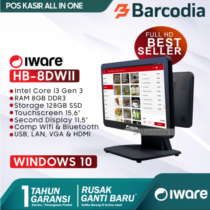 Jual Mesin kasir PC POS Dual Monitor All in One Intel Core i3 Touchscreen Iware HB-8DWII 8/128GB ...