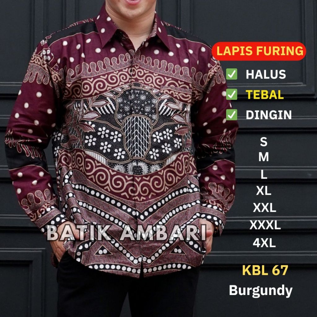 Jual Baju Batik Pria Lengan Panjang FURING Standar dan JUMBO XXXL 4XL Burgundy Batik Ambari KBL ...