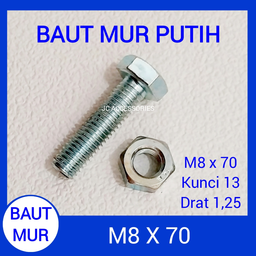 Jual BAUT MUR PUTIH M8x70 KUNCI 13 PITCH 1,25 BMP 8X70 M8 x 70 BAUT MUR HEXAGON HEX GALVANIS ...