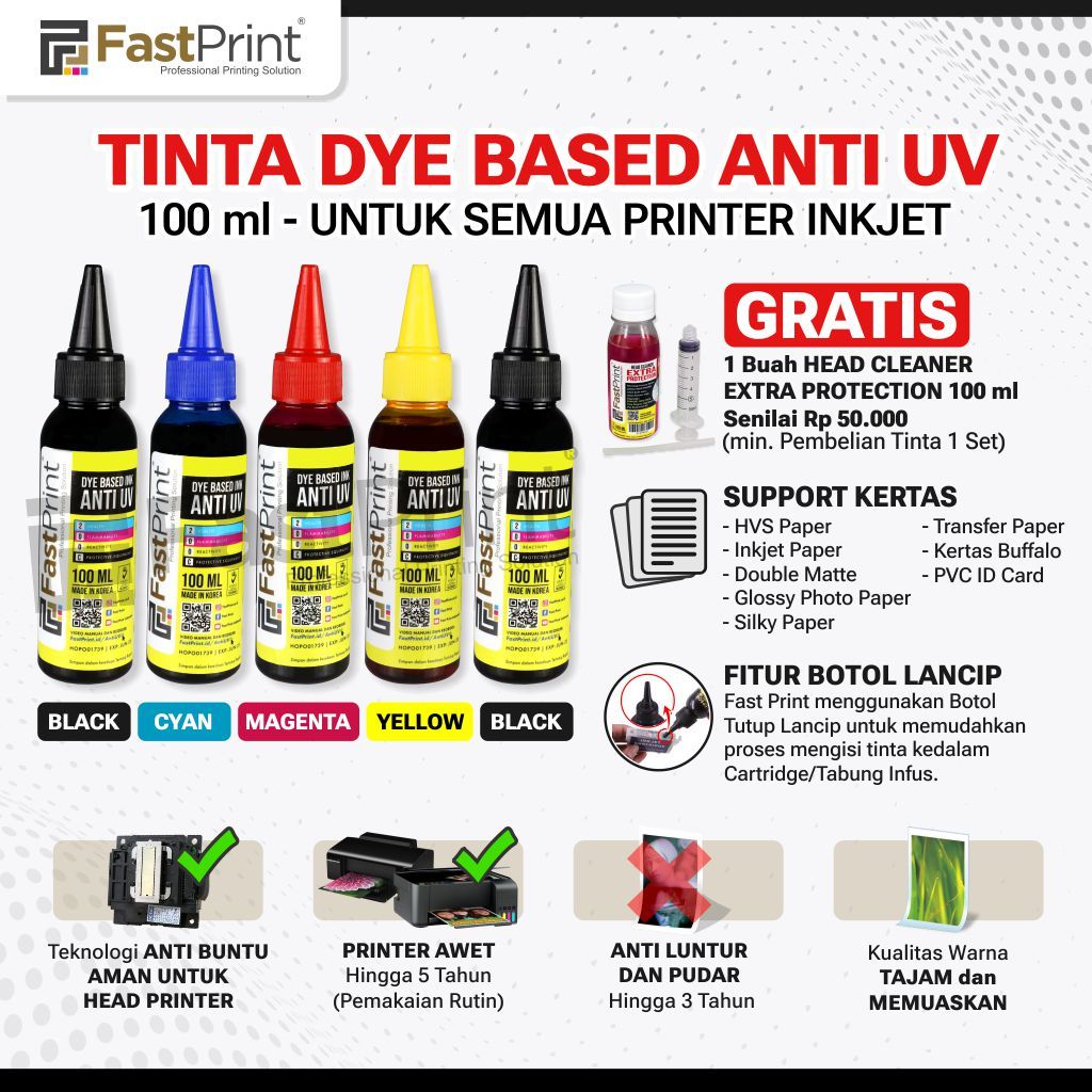 Jual Tinta Dye Based Anti UV 100ML Printer Epson 1 Set 5Warna | Shopee ...