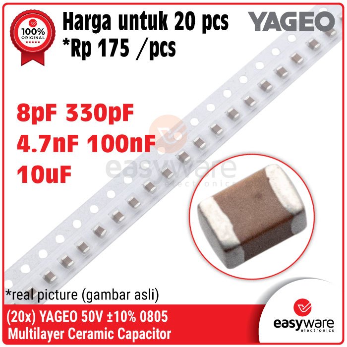 Jual 20pcs YAGEO 0805 Capacitor 50V ±5% ±10% X5R X7R NP0 C0G 8pF 330pF 4.7nF 10nF 100nF 10uF ...