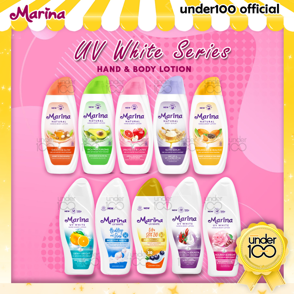 Jual Under100 Marina Hand Body Lotion & Body Serum UV White 185 ml ...