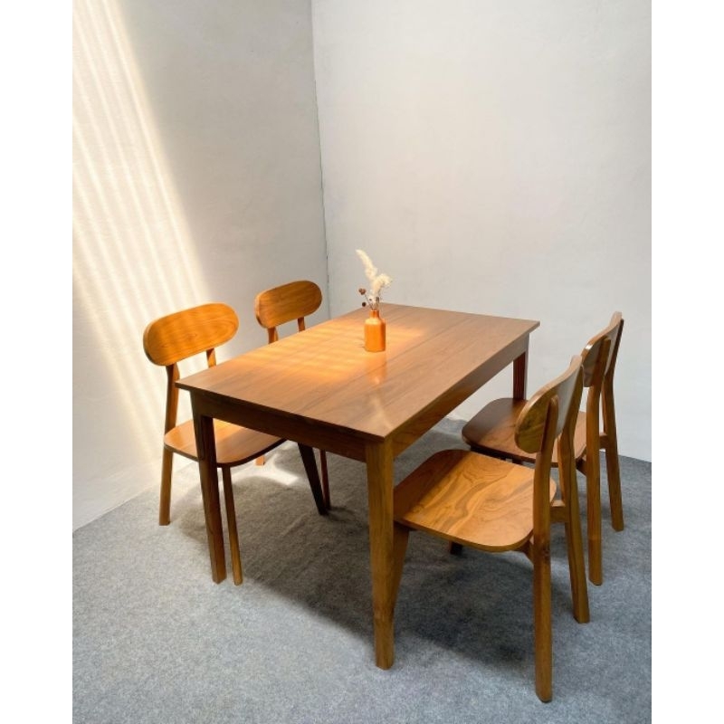 Jual Meja makan minimalis modern kayu jati 6 kursi- set kursi makan jati plus jok kursi cafe ...