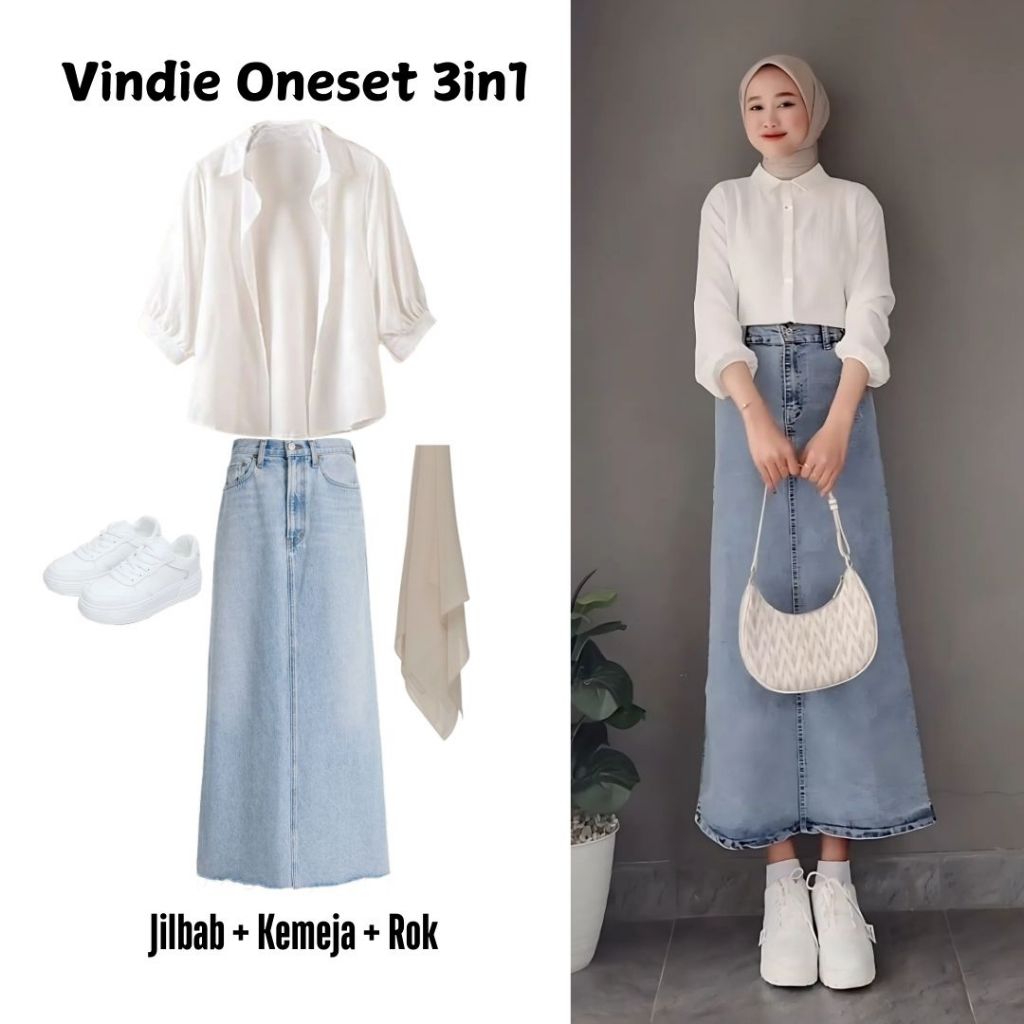 Jual PREMIUM !! One set 3in1 kemeja putih polos rok jeans denim panjang jilbab bella | ootd ...