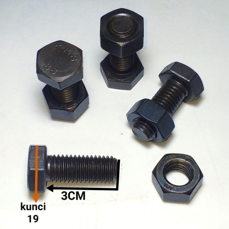 Jual baut mur baja hitam grade 8.8 m12x30mm pitch 1,75 [3 cm ]baut mur kunci 19 baja | Shopee ...