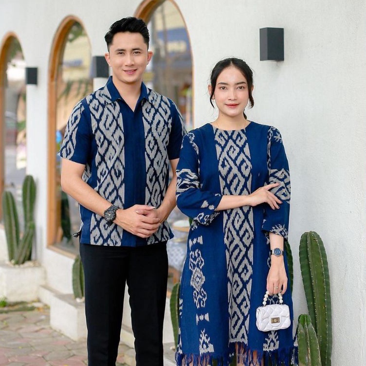 Jual KODE I18W SET COUPLE TENUN BIRU DRESS TENUN KEMEJA TENUN BAJU TENUN TUNIK TENUN BAJU PESTA ...
